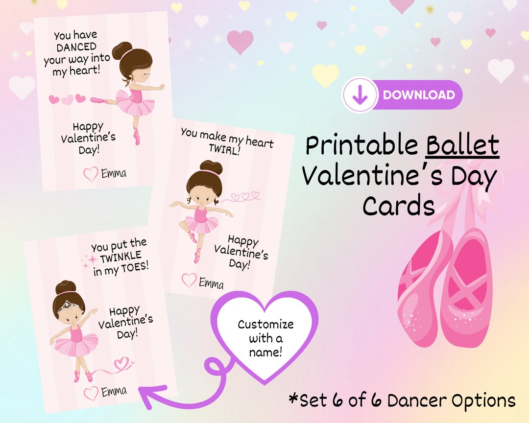 Printable Ballet Valentine's Day Cards set 6 Personalized Valentines ...