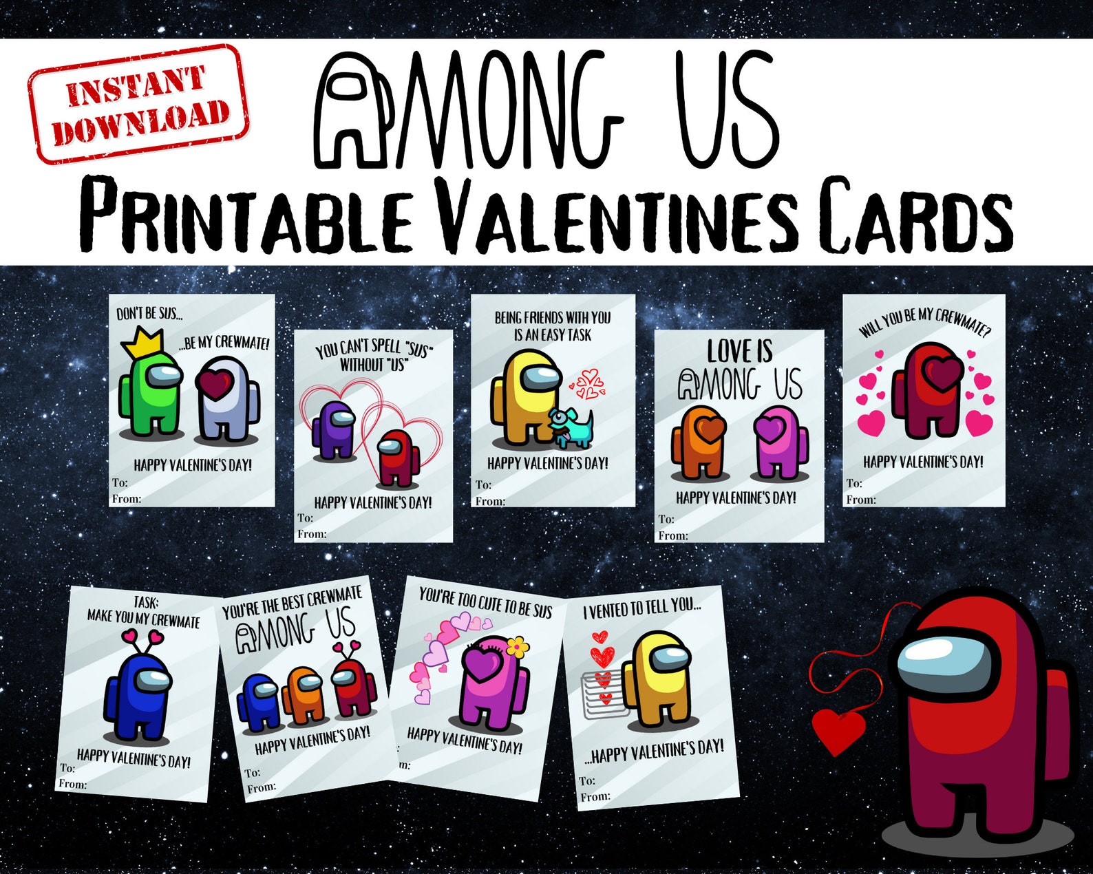Printable Valentine's Day Cards | Among Us | Astronauts | PDF | Instant ...