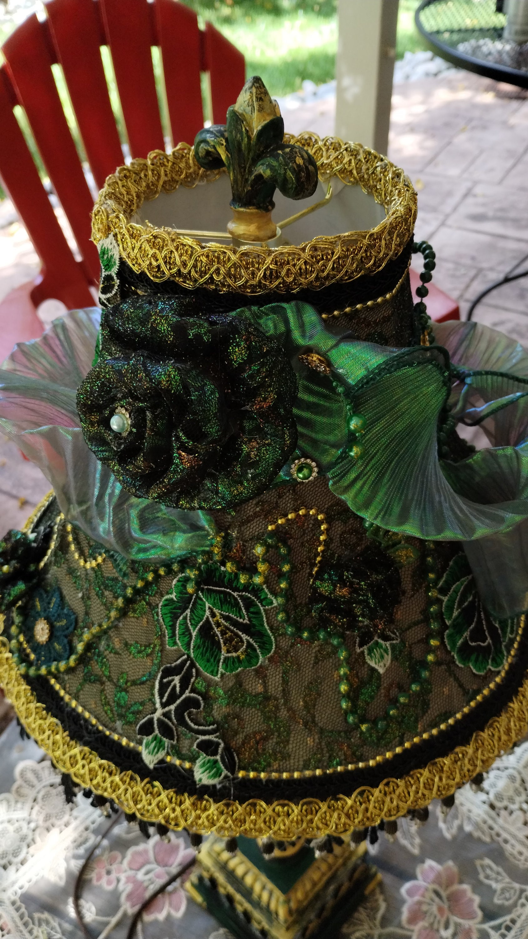 BLACK and GOLD Gothic Lamp With Custom Lampshade. Green Embellishments ...