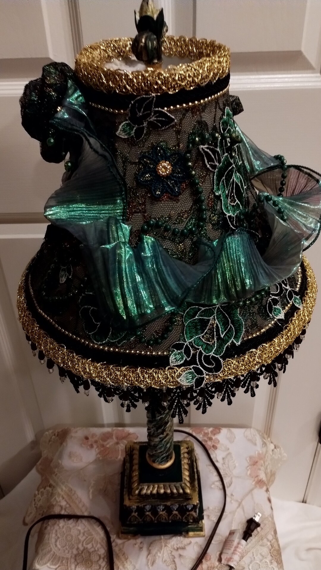 BLACK and GOLD Gothic Lamp With Custom Lampshade. Green Embellishments ...