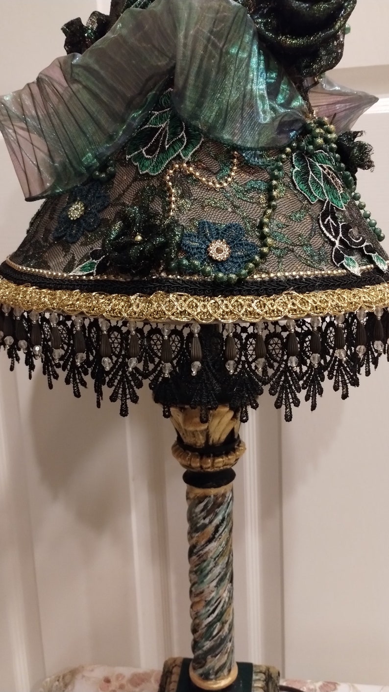 BLACK and GOLD Gothic Lamp With Custom Lampshade. Green Embellishments ...