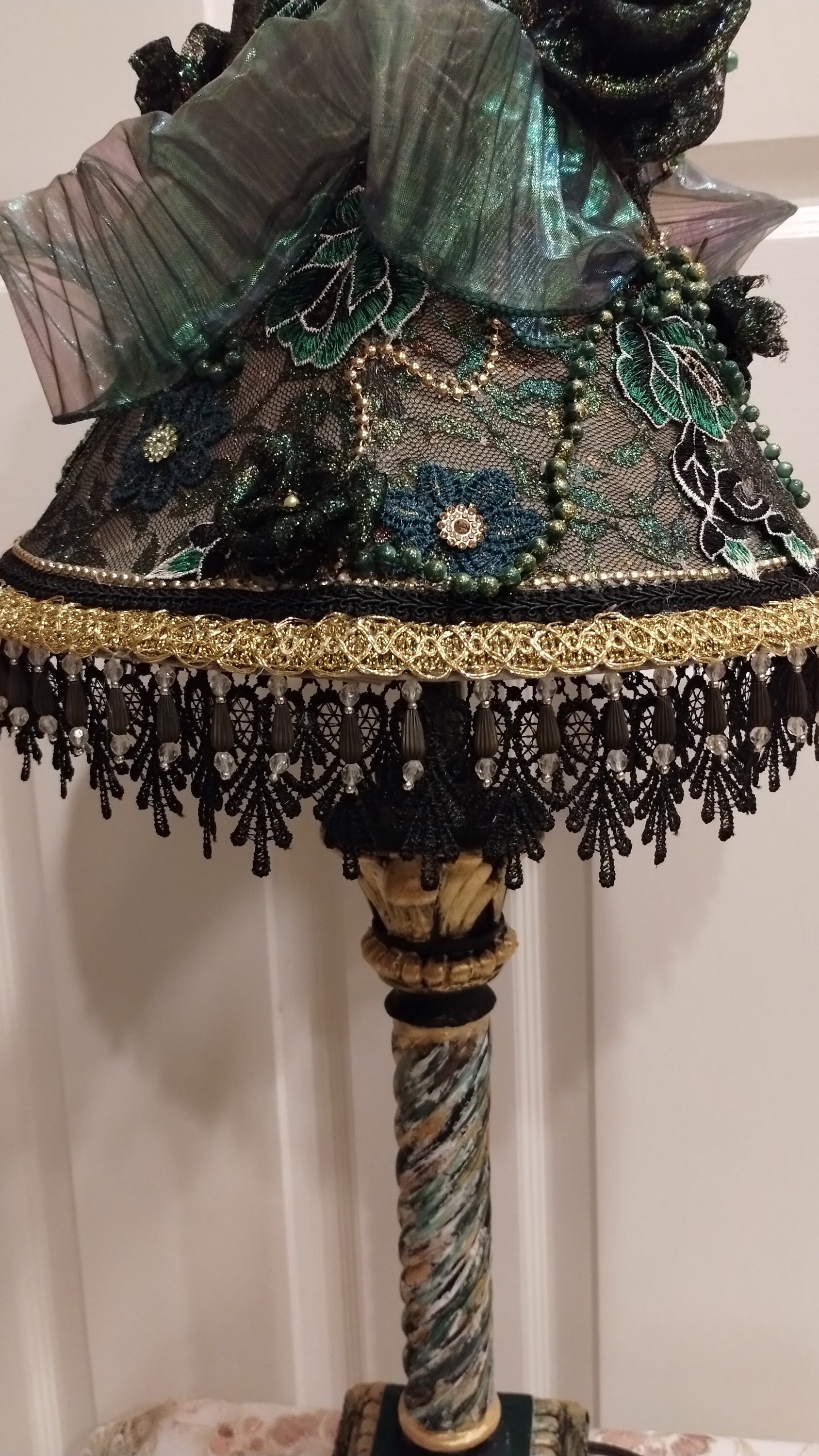 BLACK and GOLD Gothic Lamp With Custom Lampshade. Green Embellishments ...