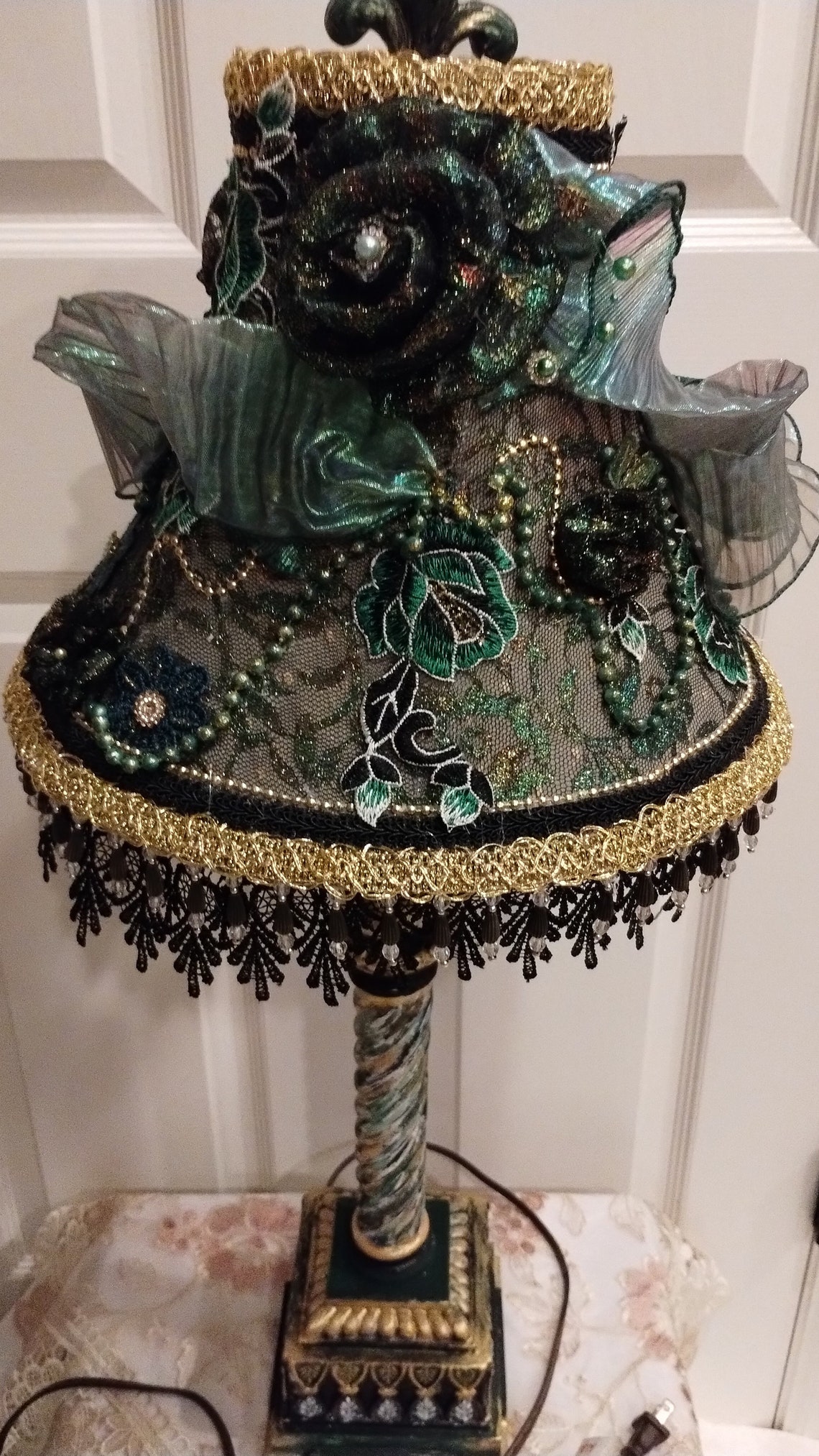 Green Black and Gold Gothic Upcycled Lamp and Custom Lampshade. Both ...