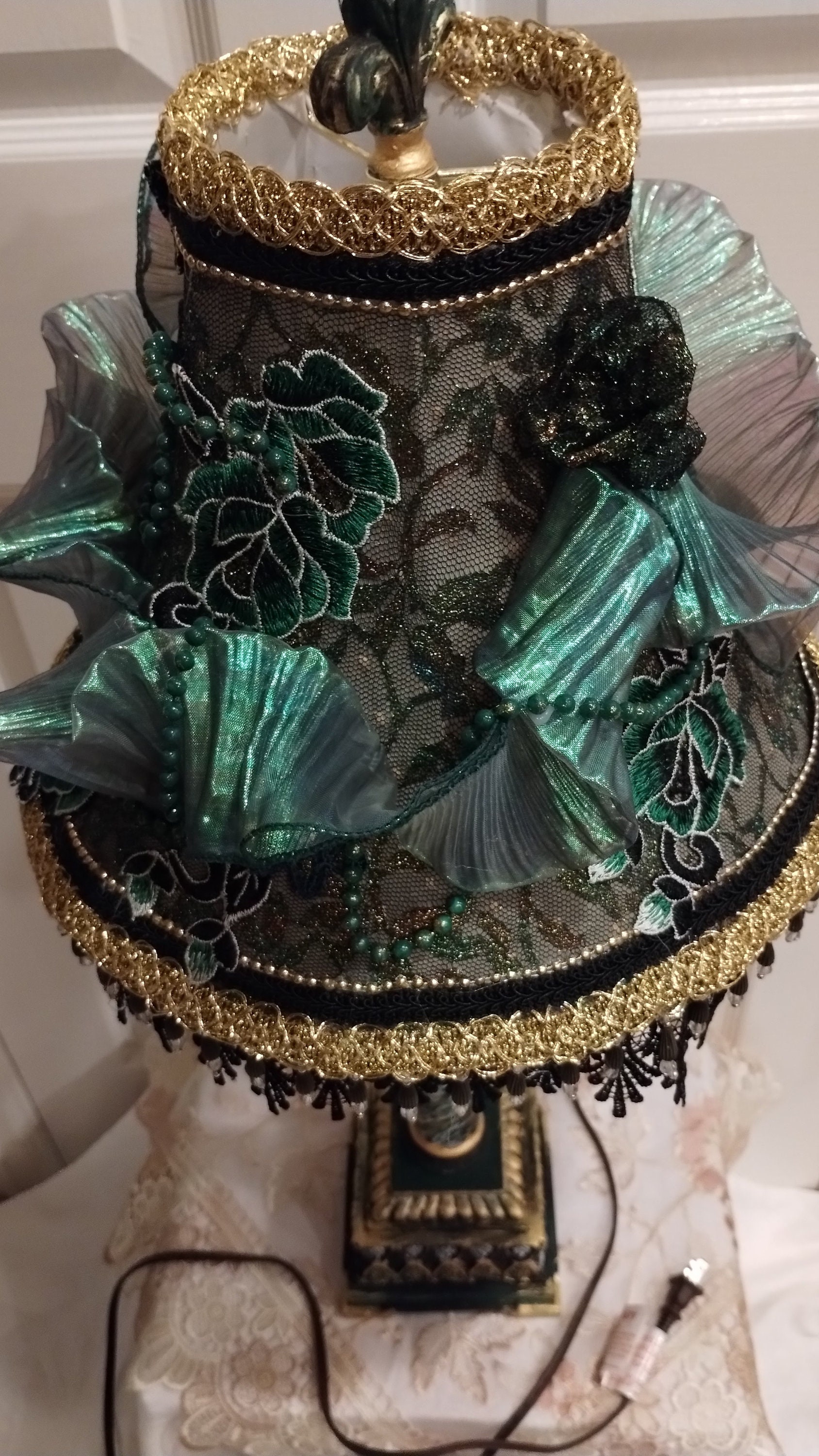 Gothic Lamp With Emerald Green & Gold Lace Lampshade - Etsy