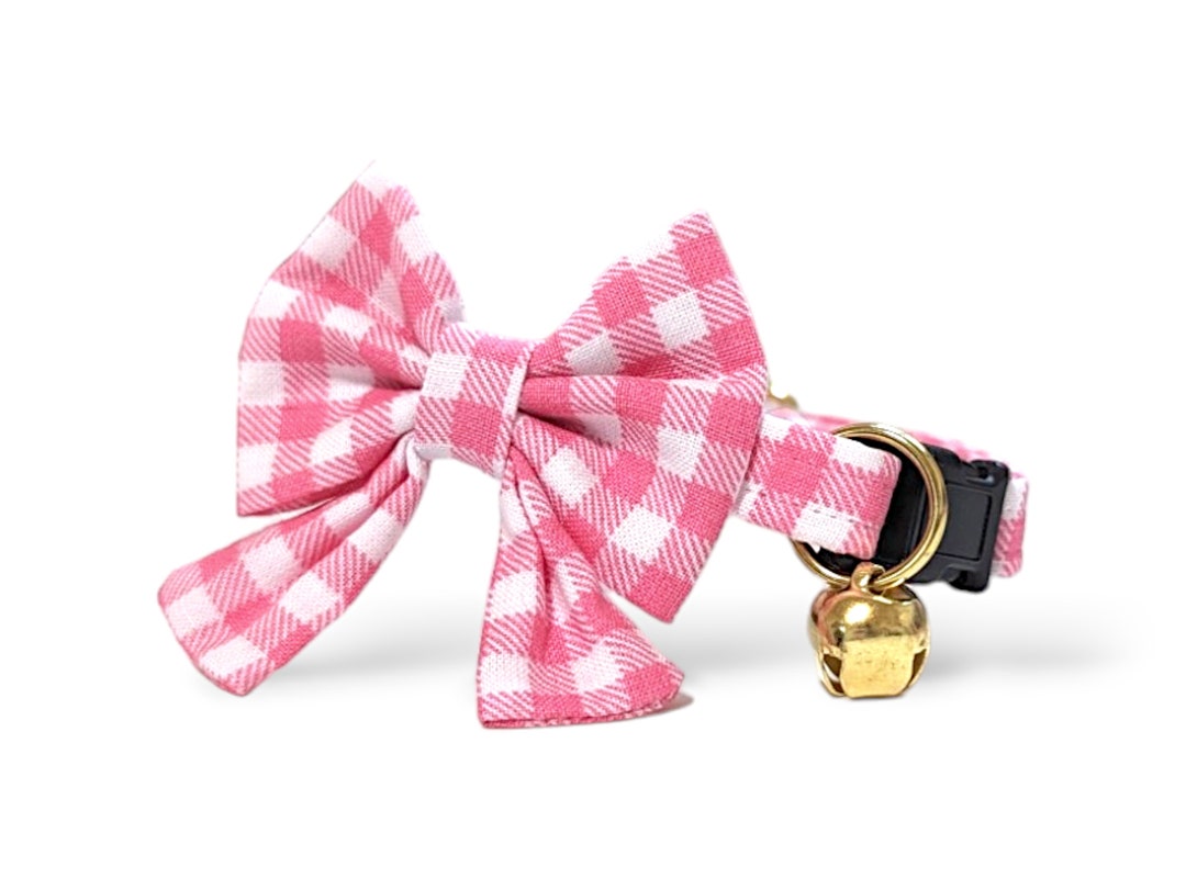 Pink Gingham Cat Collar With Bow ~ Pink Plaid Kitten Breakaway Collar ...