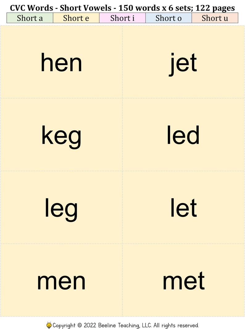 SHORT VOWELS A E I O U CVC Flashcards & Word List 150 - Etsy Australia