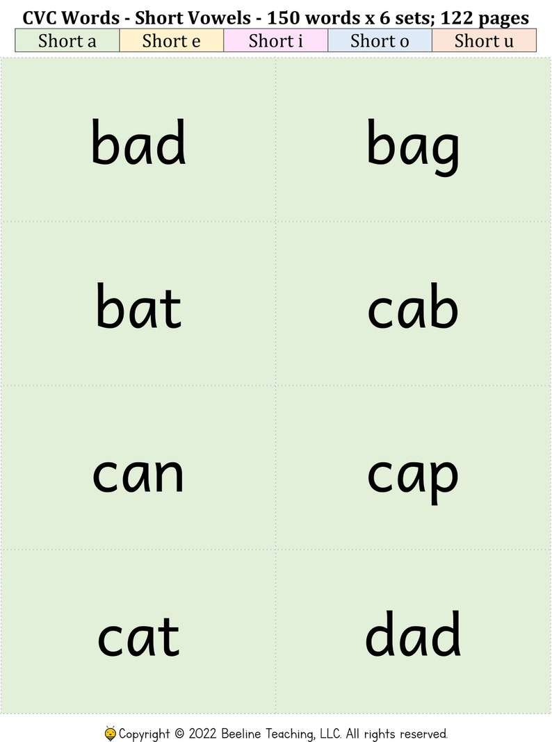 SHORT VOWELS A E I O U CVC Flashcards & Word List 150 - Etsy Australia