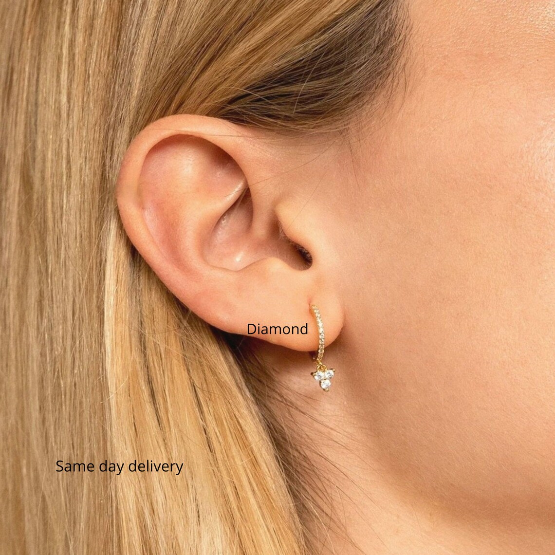 Small Diamond Hoops Solid Gold Diamond Huggie Hoop Earrings With Charm ...
