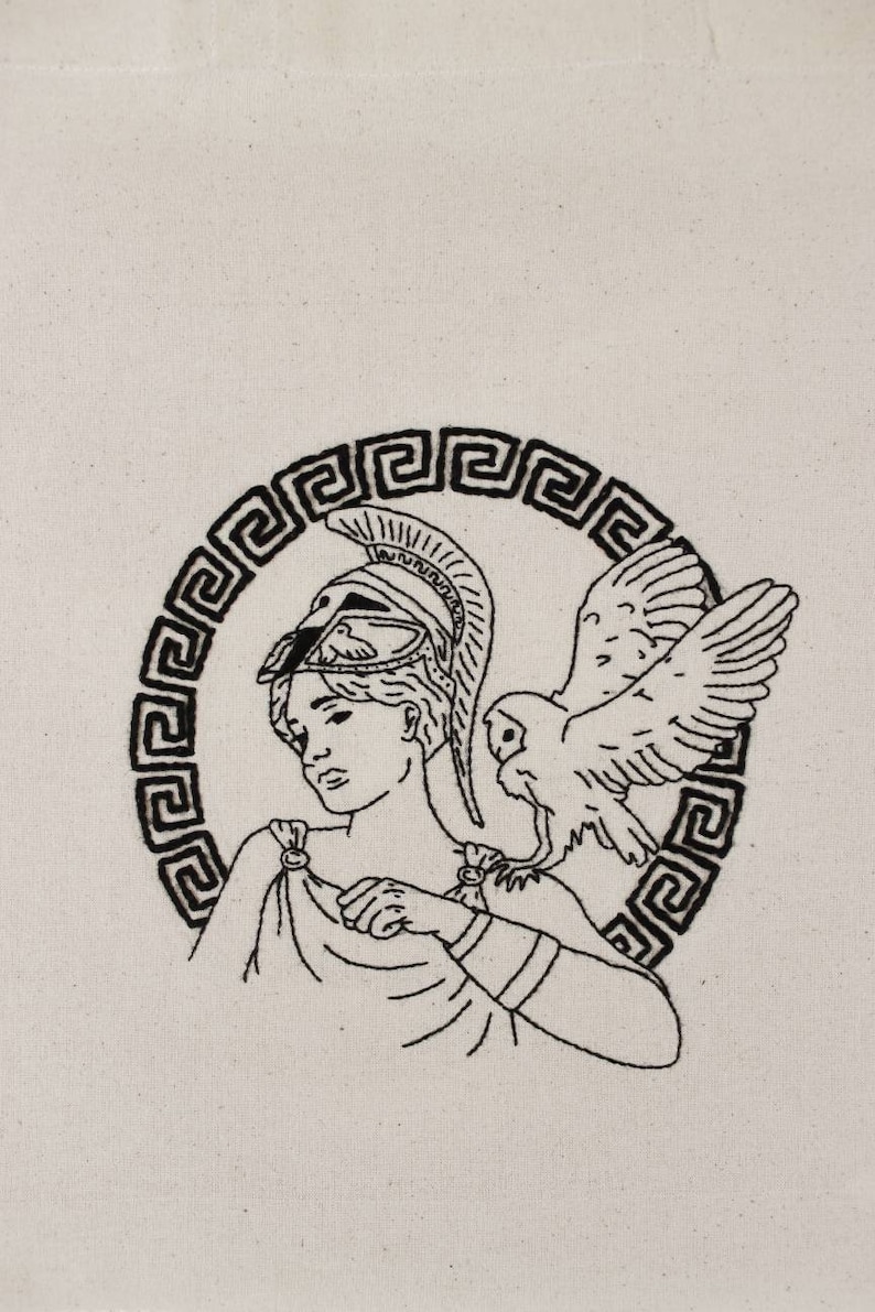Hand Embroidered Tote Bag athena and Owl Greek - Etsy