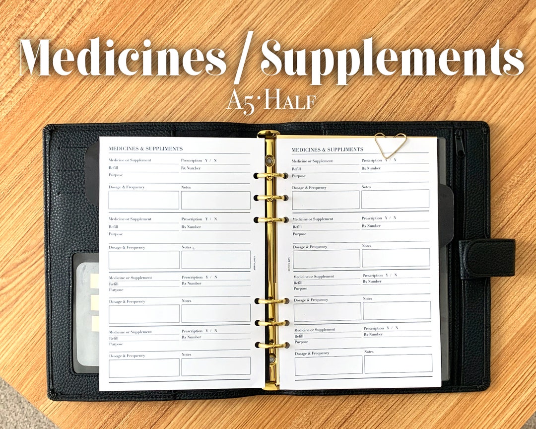 Medicines & Supplements Planner Inserts/ Medical Log/ A5 or Half Letter ...