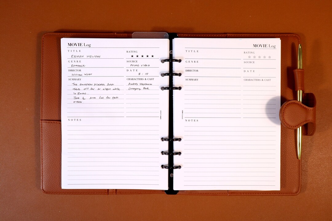 Movie Log, Film Journal on One Page | Planner Insert | A5, Half Letter ...