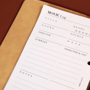 Movie Log, Film Journal on One Page | Planner Insert | A5, Half Letter ...