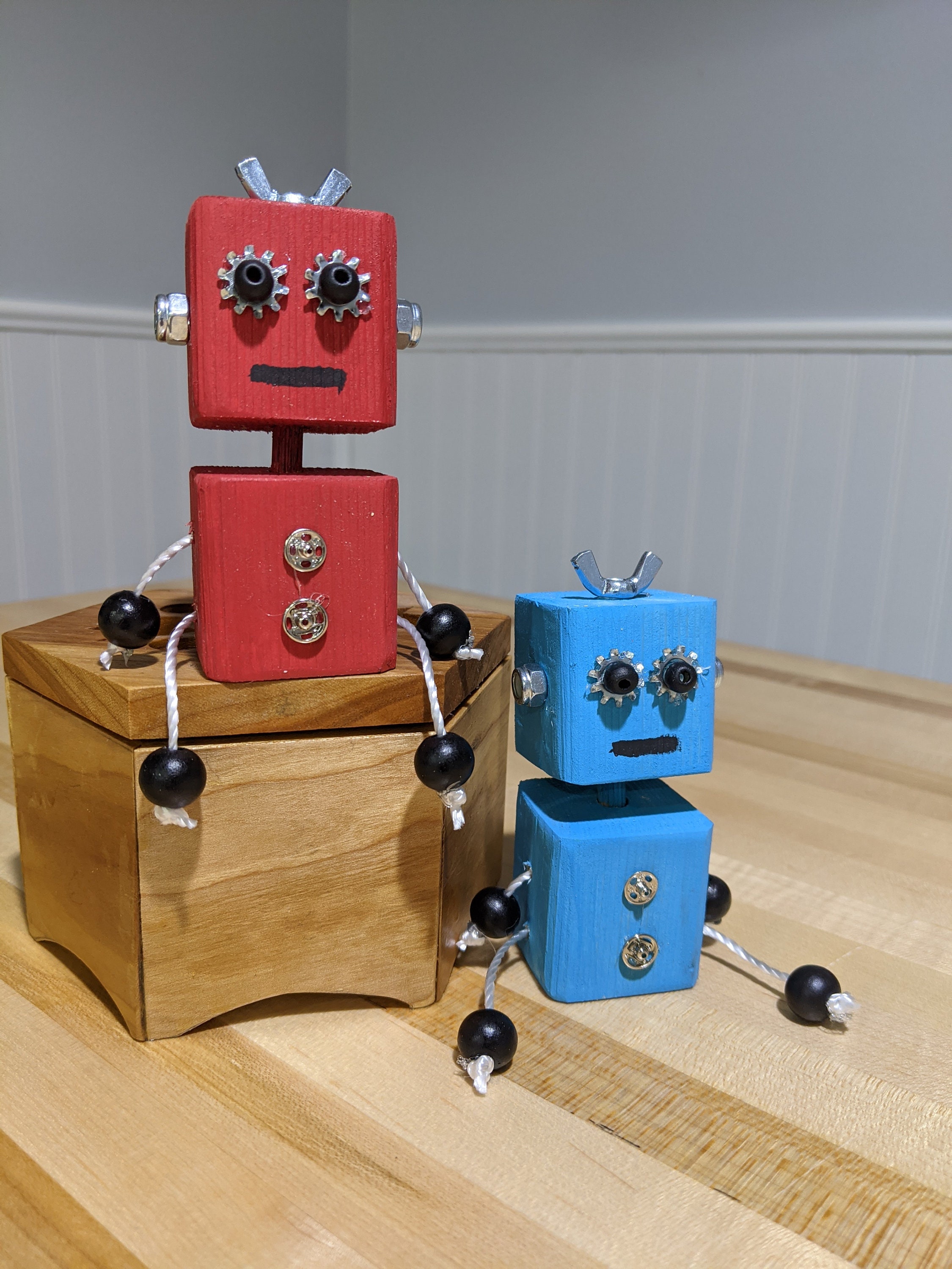 Red Wood Robot Block Friend, Shelf Sitting Robot Decor - Etsy
