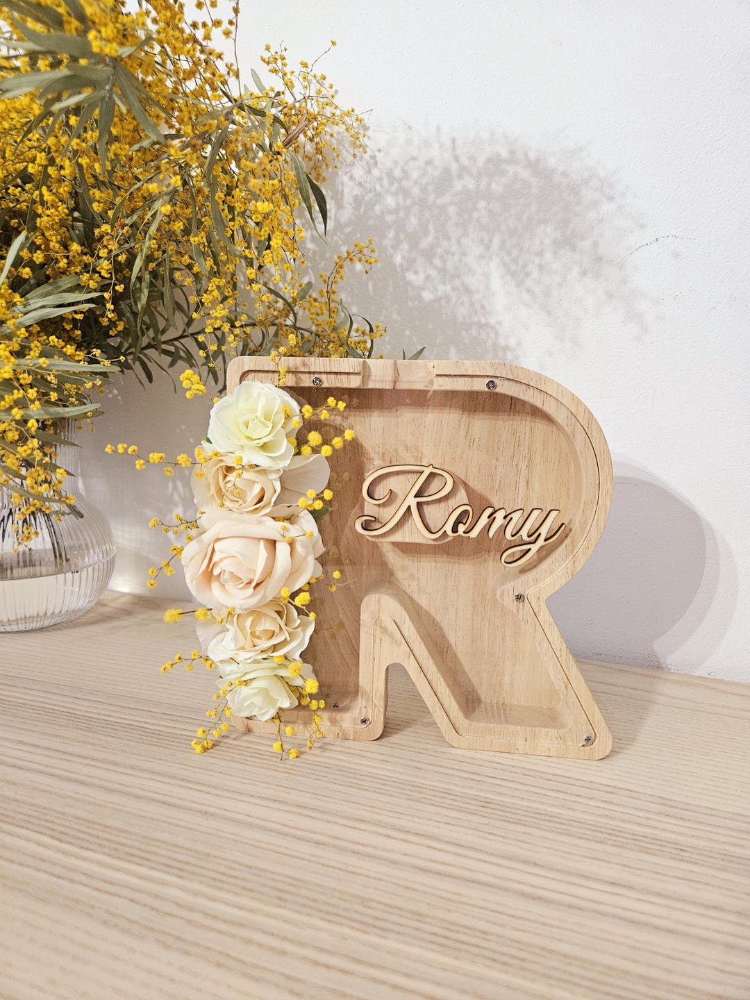 Personalized Wooden Money Box With First Name and Dried Flowers ...