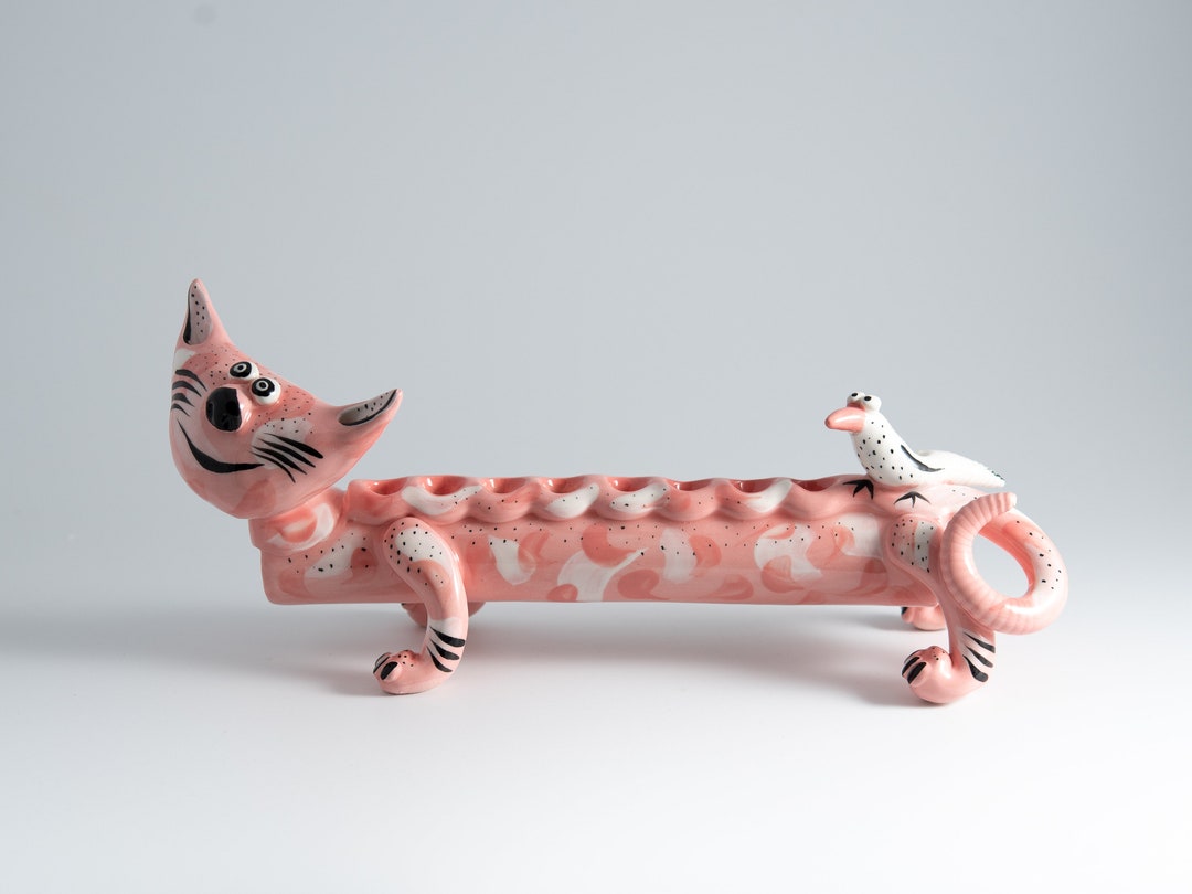 Ceramic Cute Pink Cat Figurine Menorah Hanukkah Pink Cat Figurine Clay ...