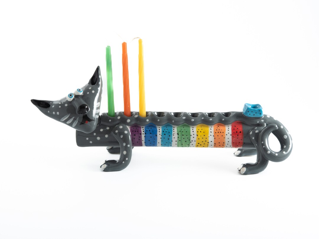 Ceramic Gray Cat Figurine Menorah Hanukkah Colorful Cat Figurine Clay ...