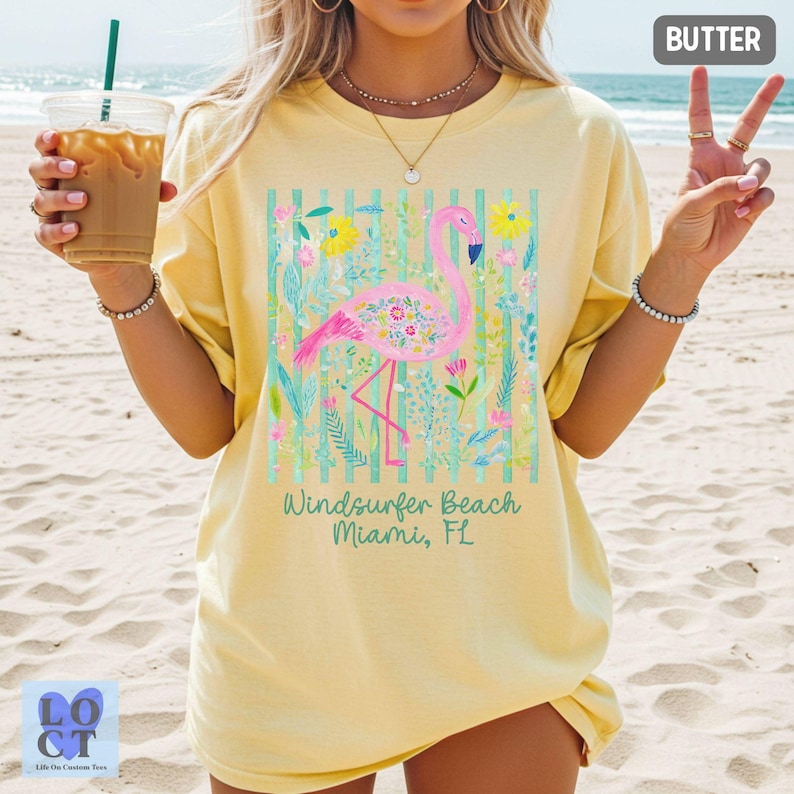 Custom Coastal Flamingo Comfort Colors T-shirt, Personalized Beach Town ...