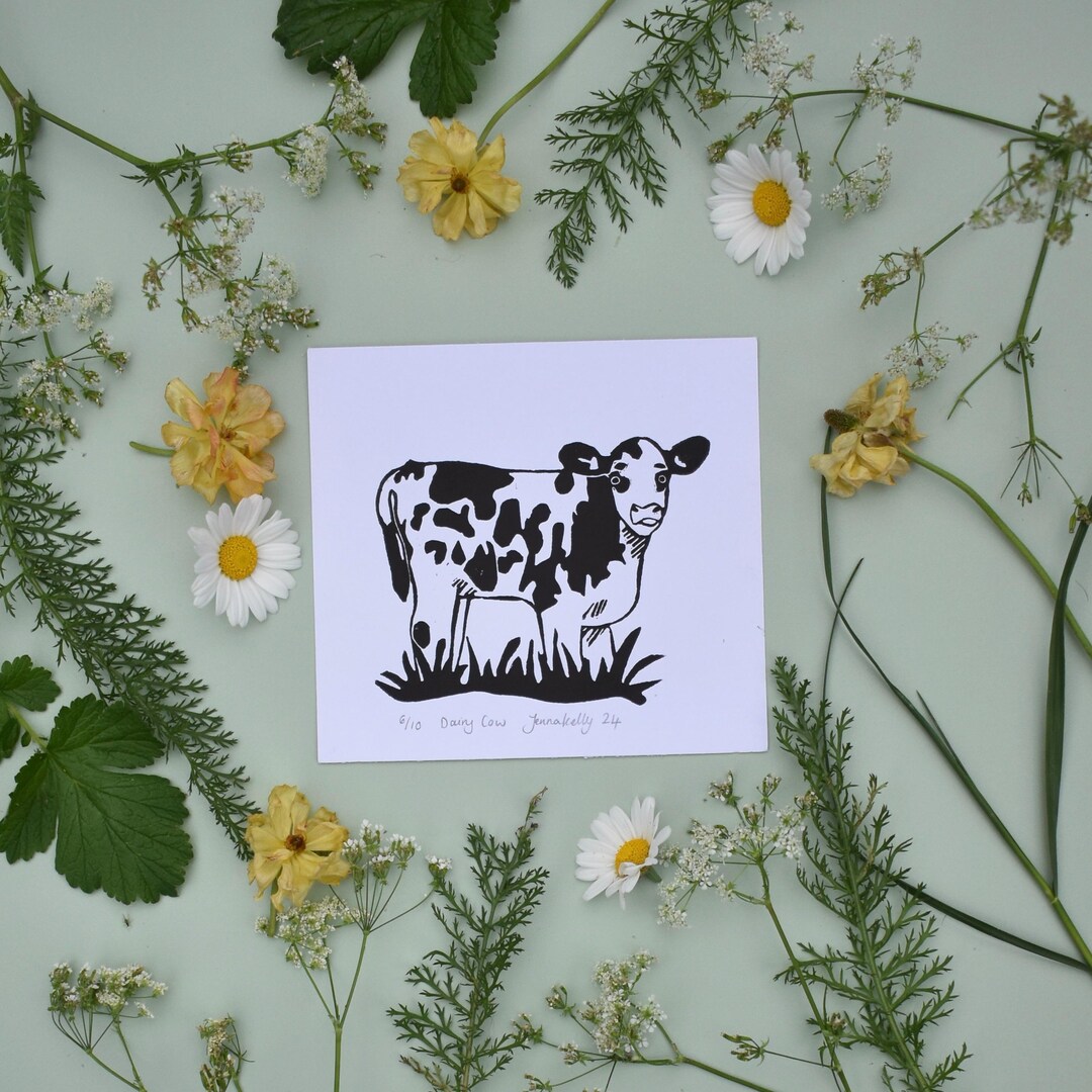 Dairy Cow Calf Lino Print: Monochromatic Farmhouse Wall Art (unframed ...