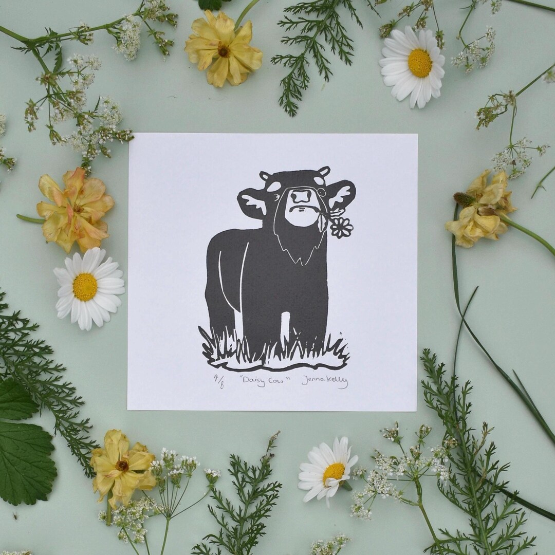 Daisy Cow Calf Monochromatic Lino Print | Unframed | Wall Art | Cow ...