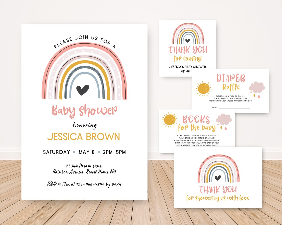 Boho Pastel Rainbow Baby Shower Invitation BUNDLE, Printable Rainbow ...