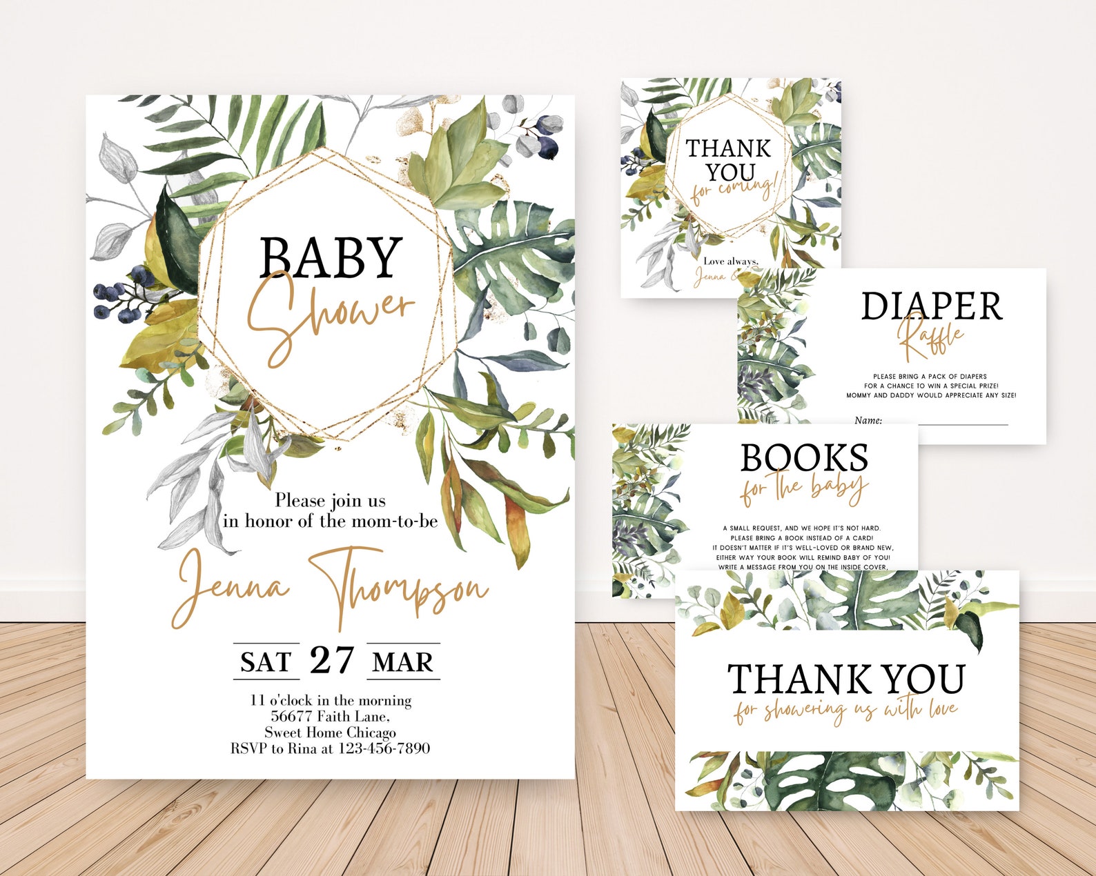 Greenery Baby Shower Invitation BUNDLE Printable Gold - Etsy