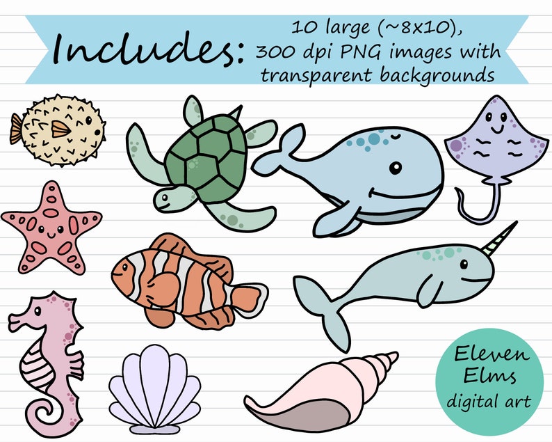 Sea Animal Clipart Bundle Ocean Clip Art Sea Creature PNG - Etsy