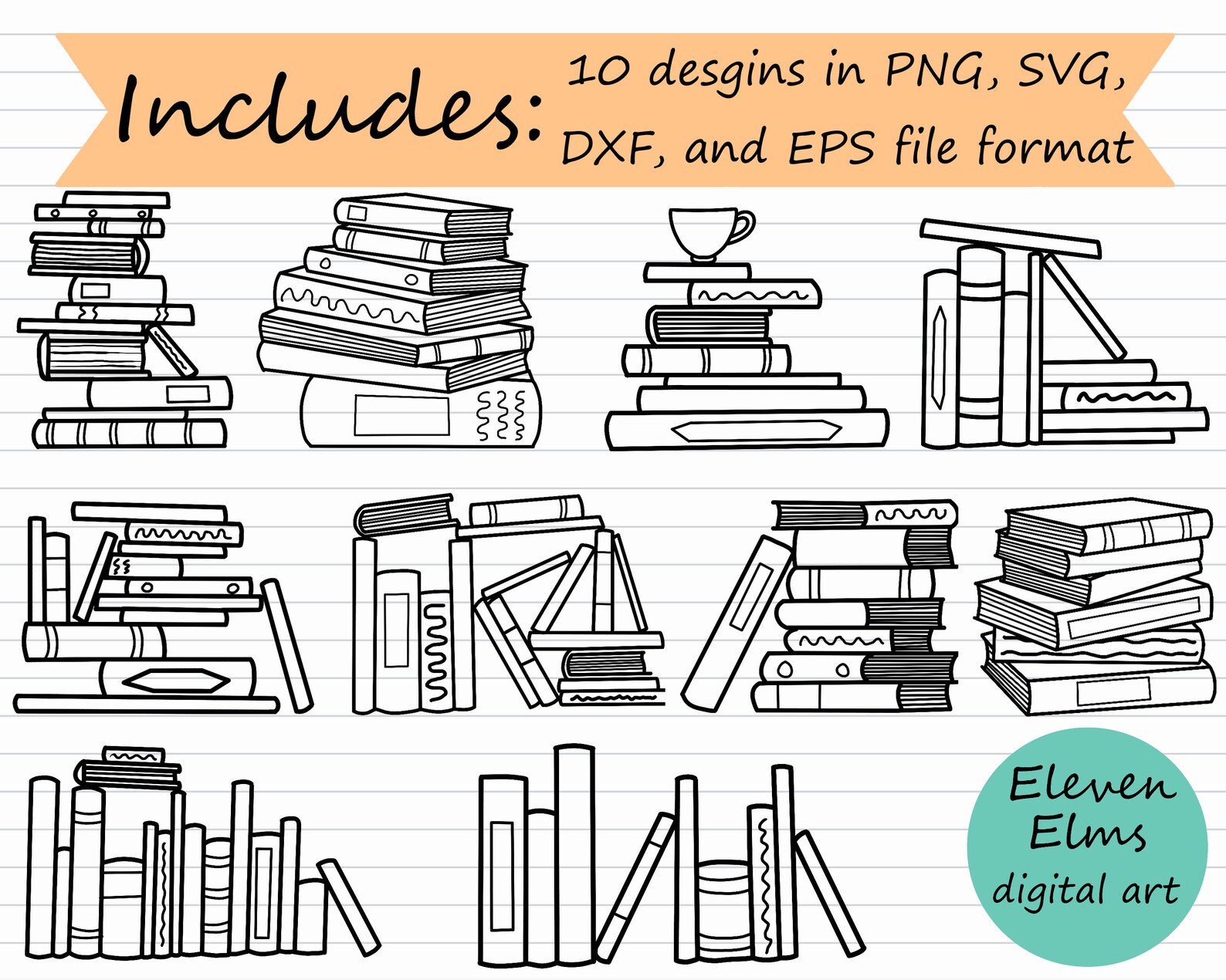 Book Stack Clipart Book SVG Commercial Use Black and - Etsy UK