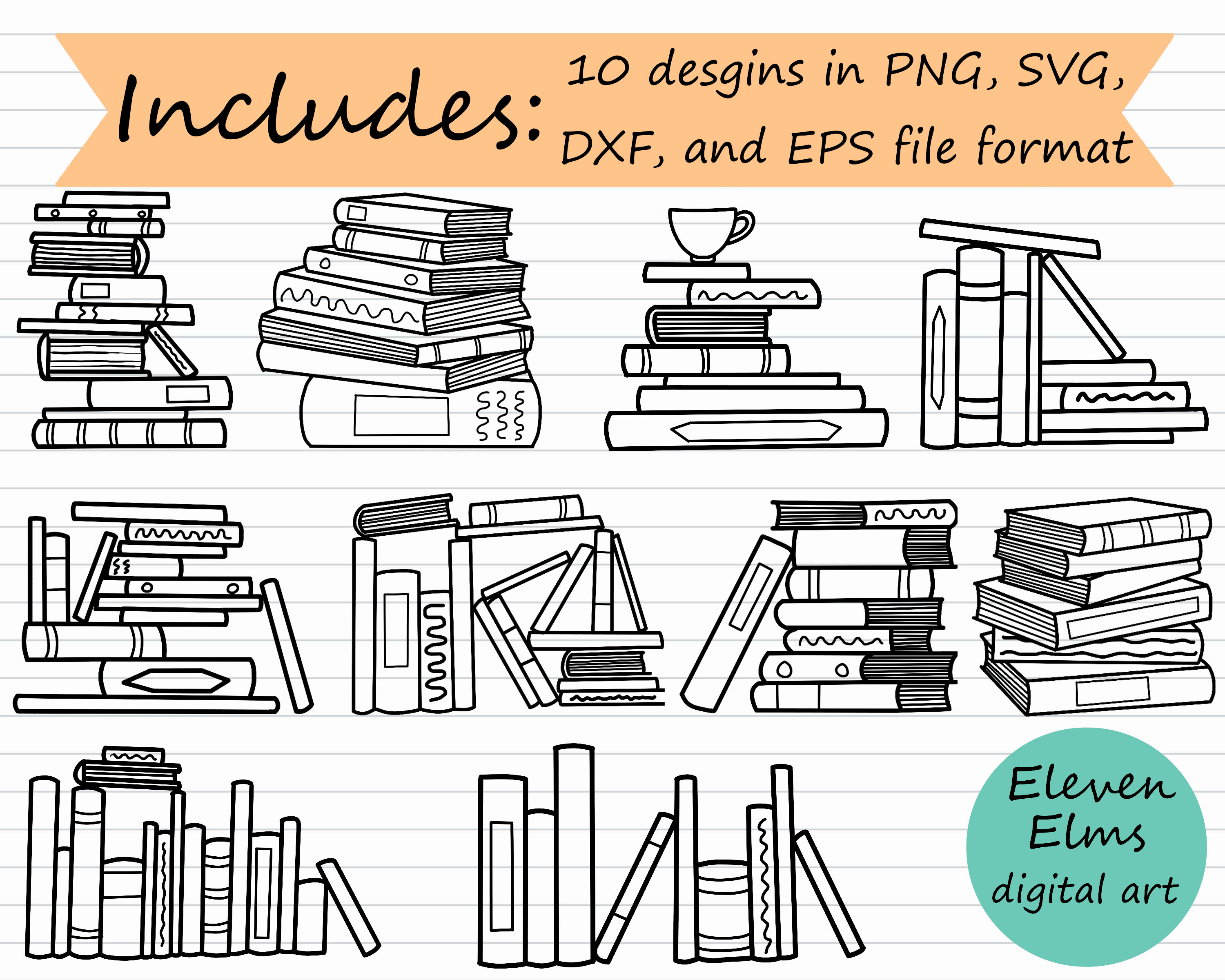 Book Stack Clipart Book SVG Commercial Use Black and - Etsy UK