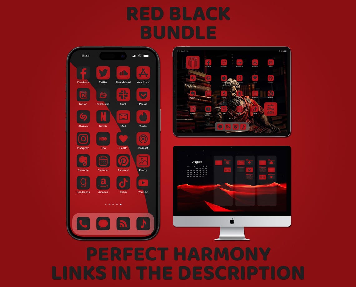 Red App Icon Pack, Red and Black Aesthetic, Art Covers, Widget Quotes ...