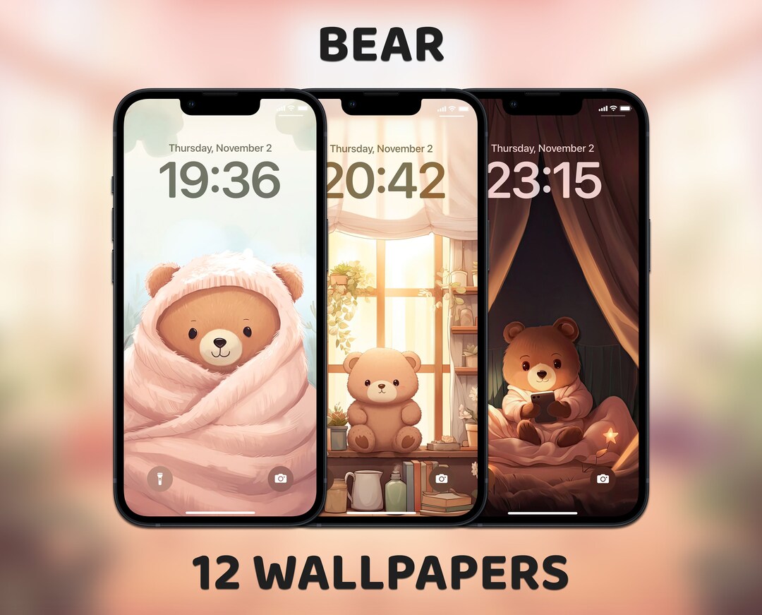 Bear Wallpapers iPhone Lock Screen Kawaii Art Pink and - Etsy