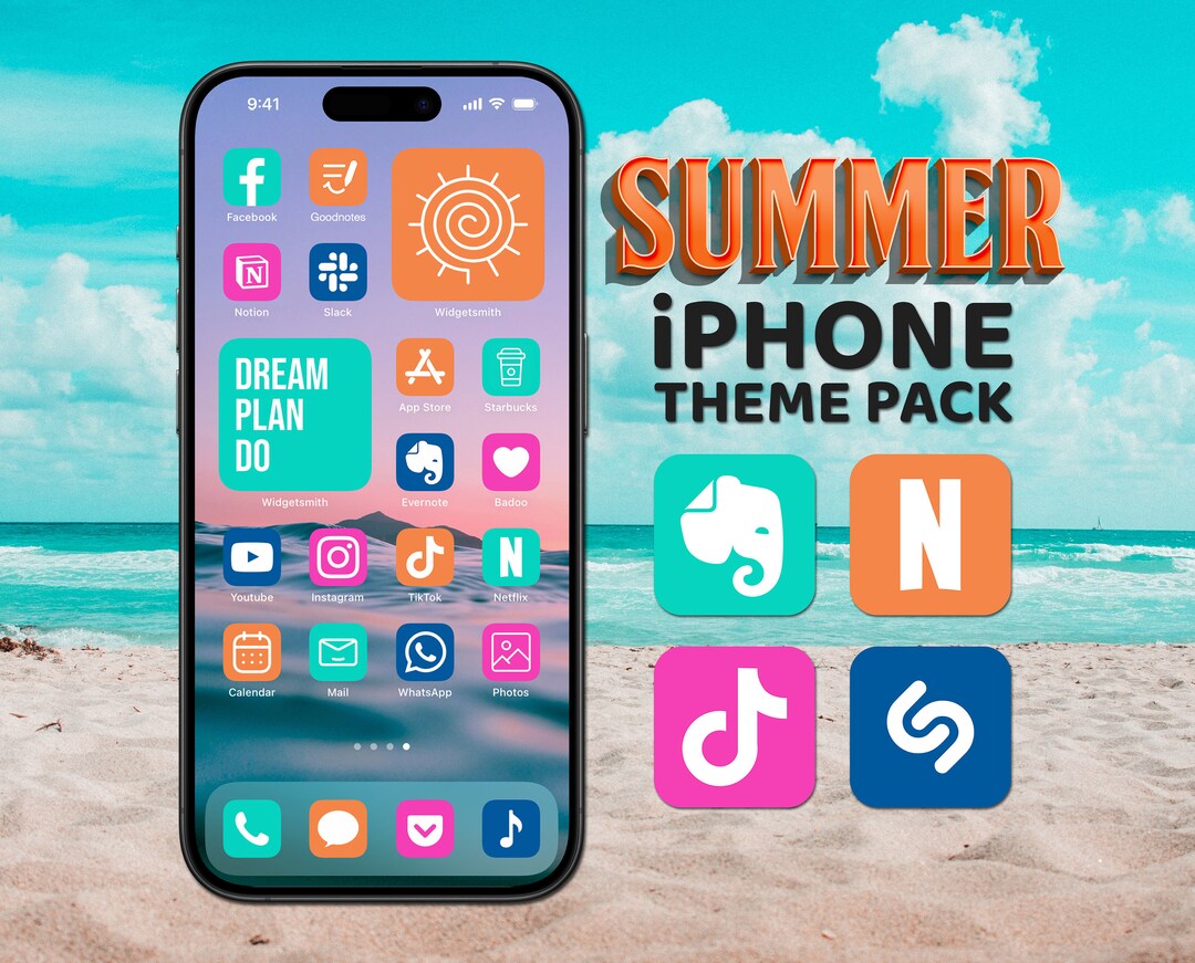 App Icons Summer, iPhone Theme Pack, Beach Aesthetic, Blue and Orange ...