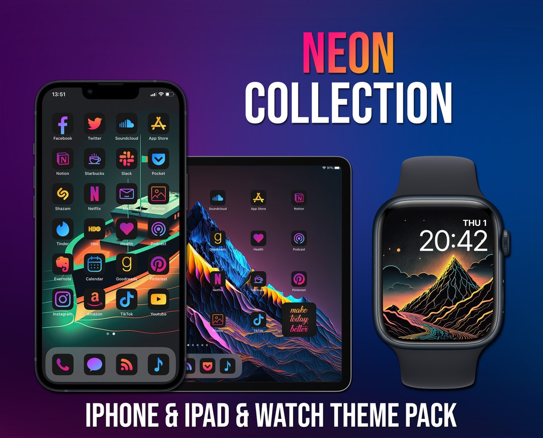 Neon Apple Theme Pack Neon App Icons Art Covers Widget - Etsy