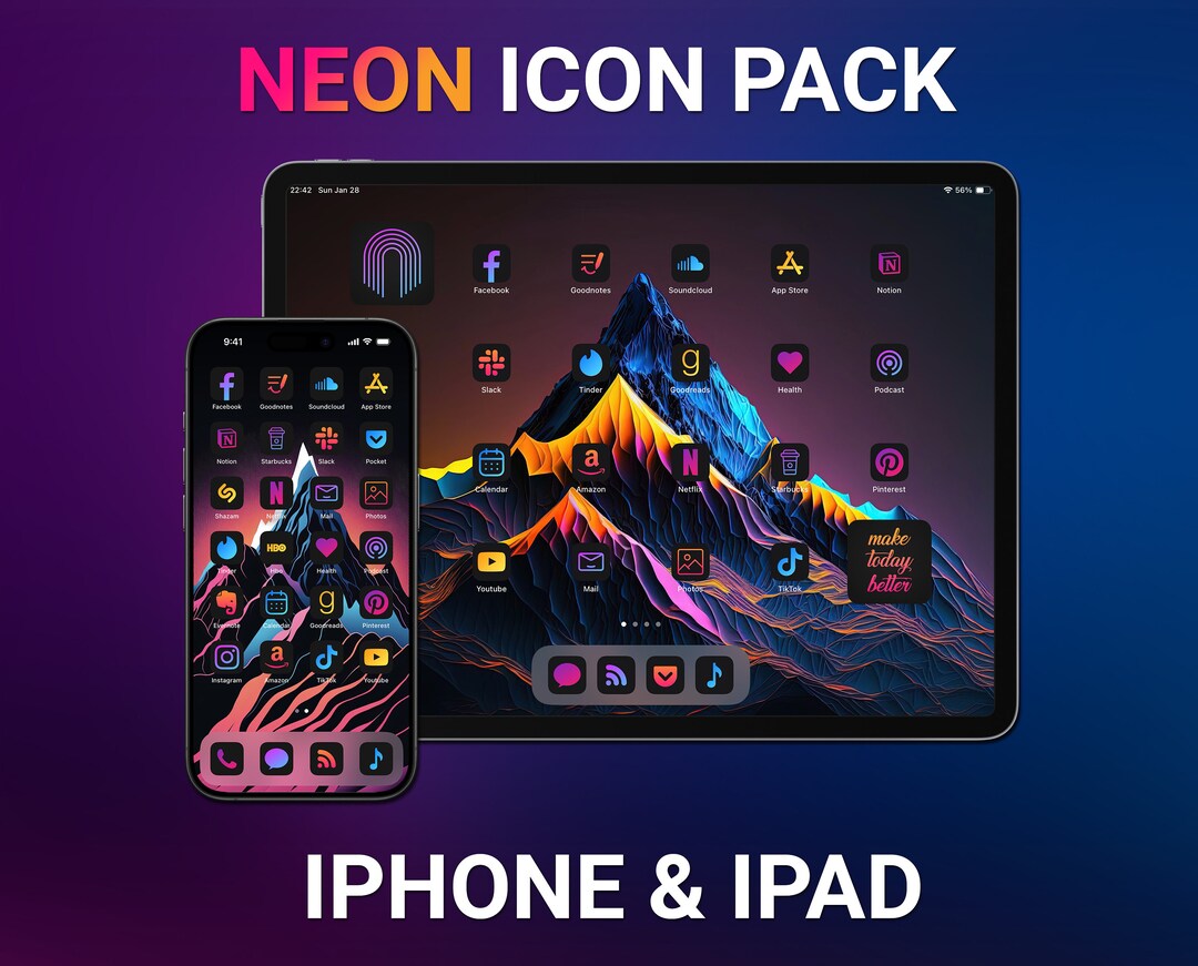 Neon App Icon Pack, iPhone and iPad Theme, Neon Art Covers, Widget ...