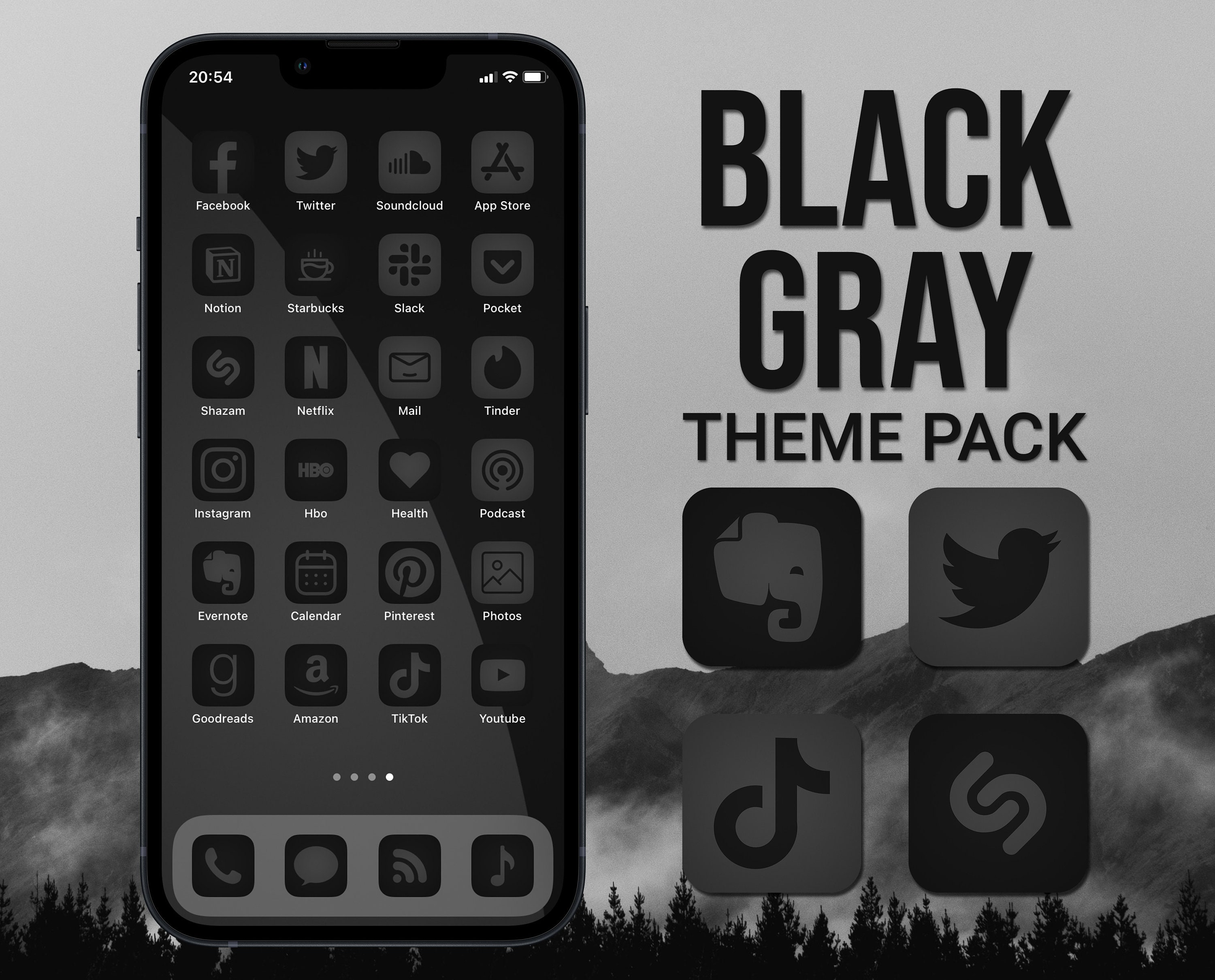 Black and Gray App Icons Iphone Theme Pack Aesthetic App - Etsy
