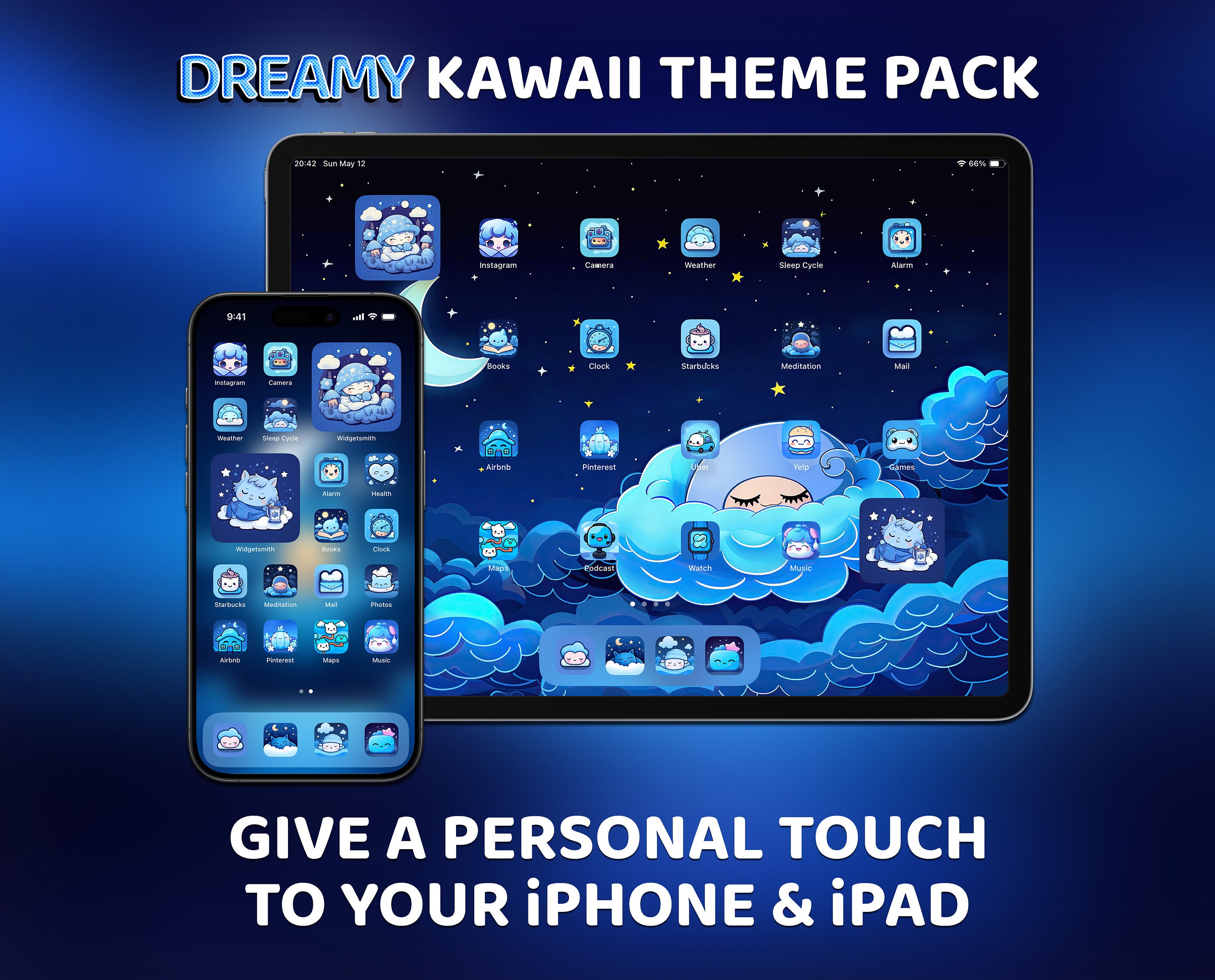 Cute Kawaii App Icon Pack, Blue Aesthetic, Dreamy Kawaii Theme Pack ...