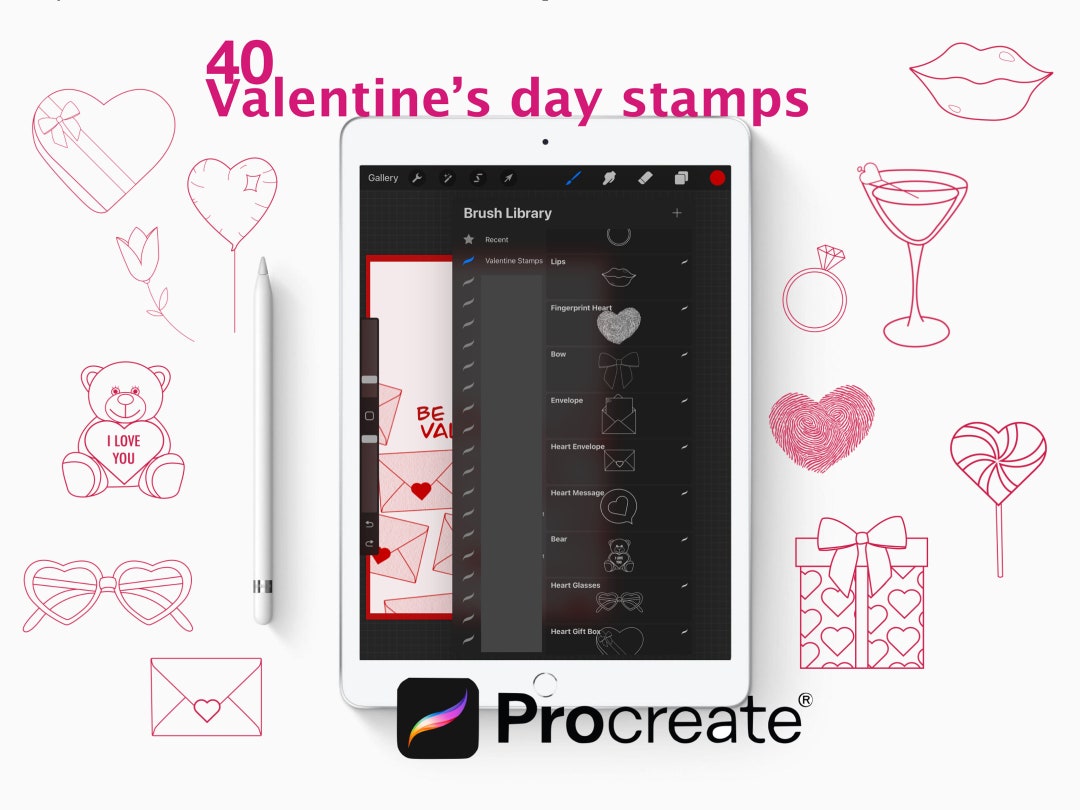 40 Valentine's Day Themed Procreate Stamps | Procreate Stamps | Digital ...