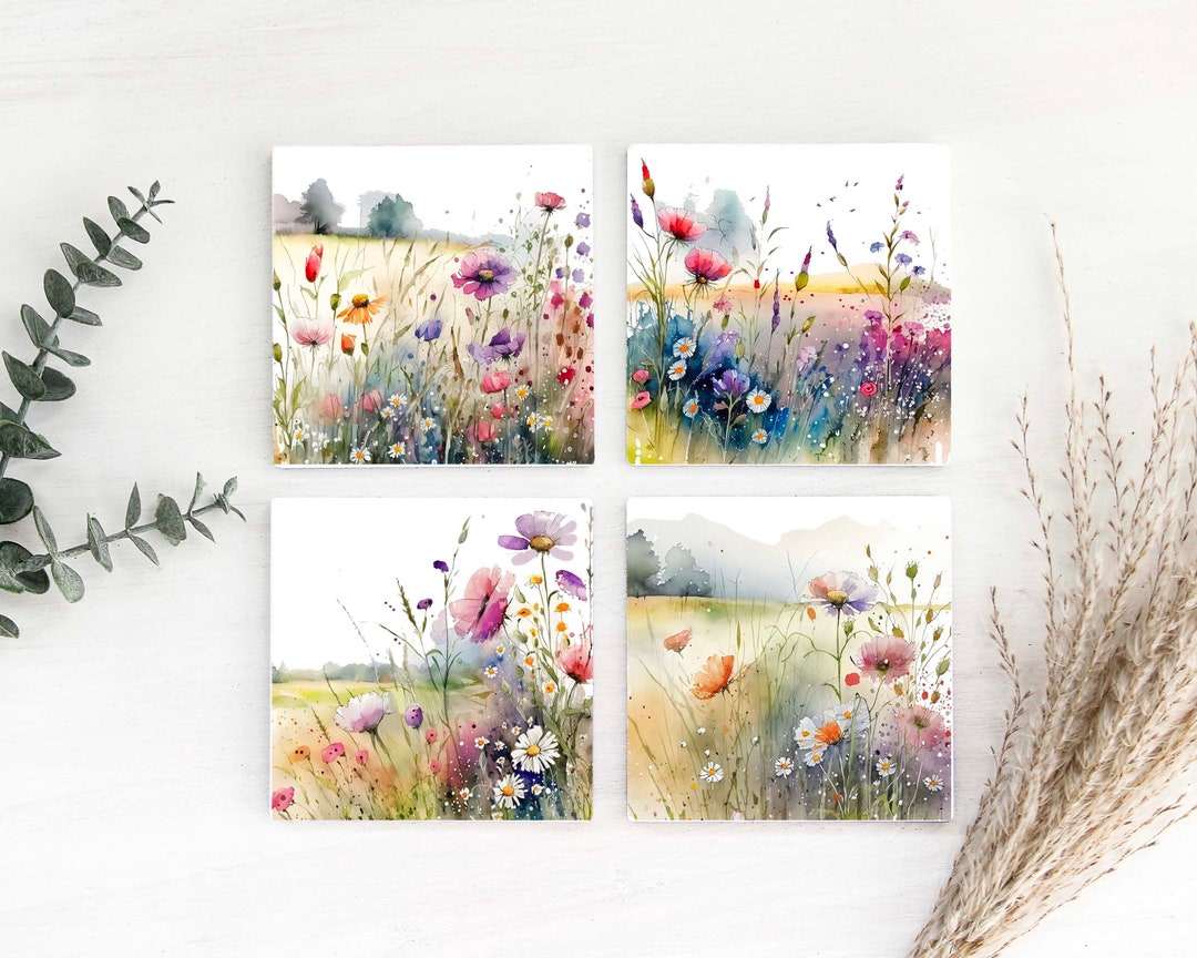 Wildflower Fields Coasters, Set of 4, Ceramic Tile Coaster, Drink ...