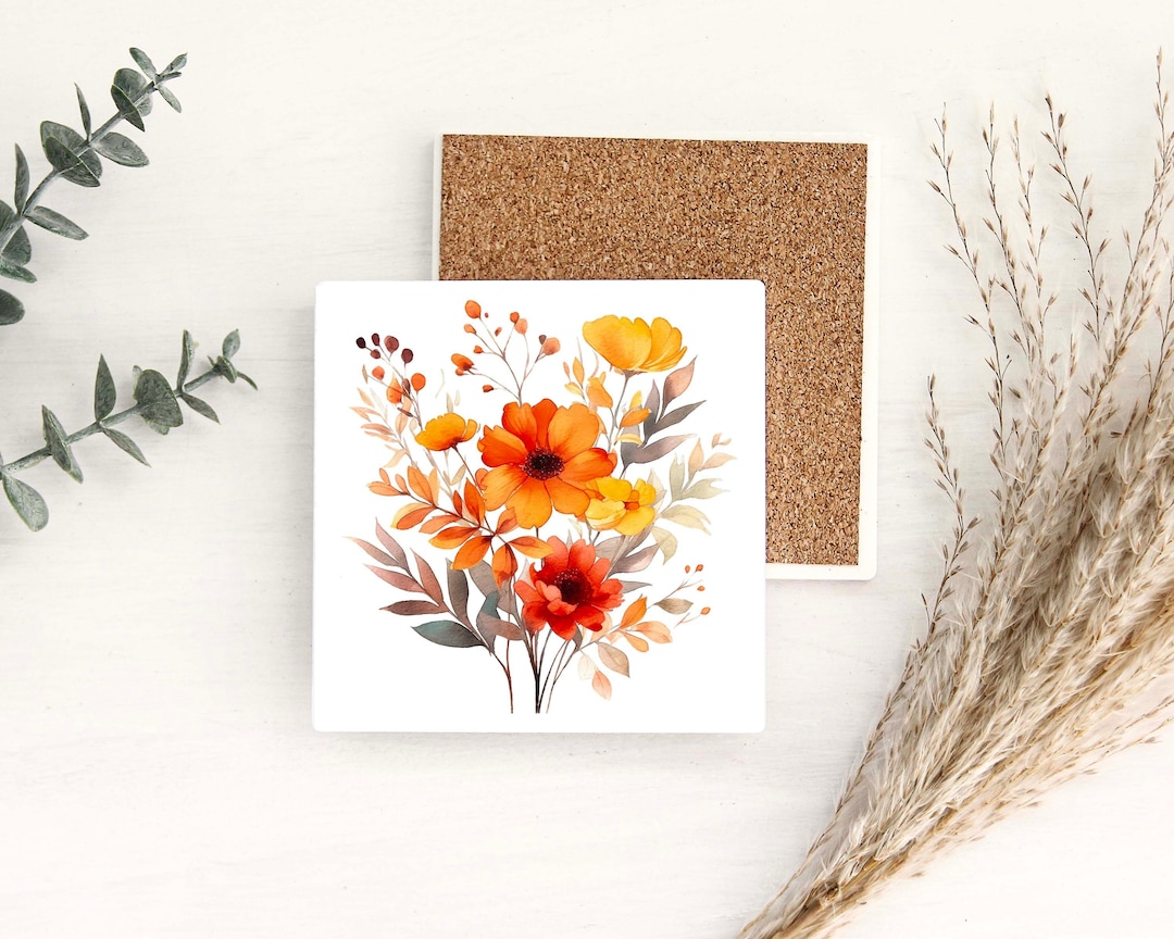 Fall Flower Bouquet Coaster, Ceramic Tile Coaster, Drink Coaster, Patio ...