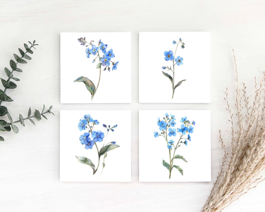 Forget Me Not Coasters, Set of 4, Ceramic Tile Coaster, Drink Coaster ...