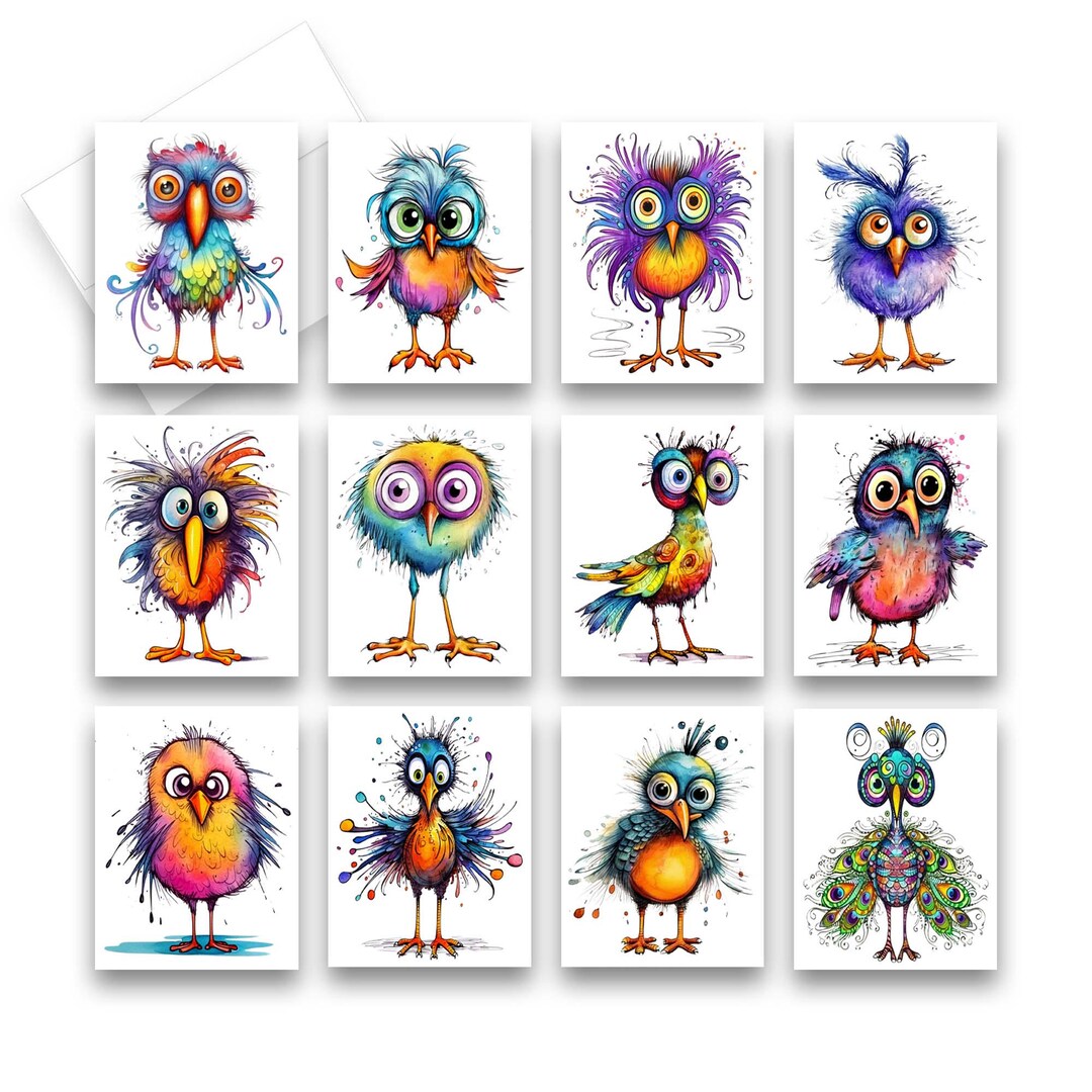 Assorted Funny Bird Greeting Card Set, Funny Animal Cards, Blank ...