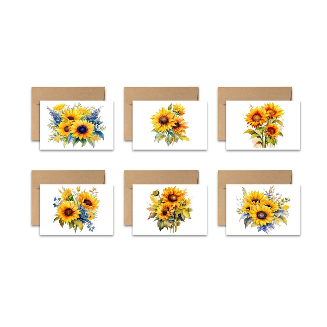 Assorted Flat Notecards, Set of 12, Watercolor Sunflower Note Cards ...