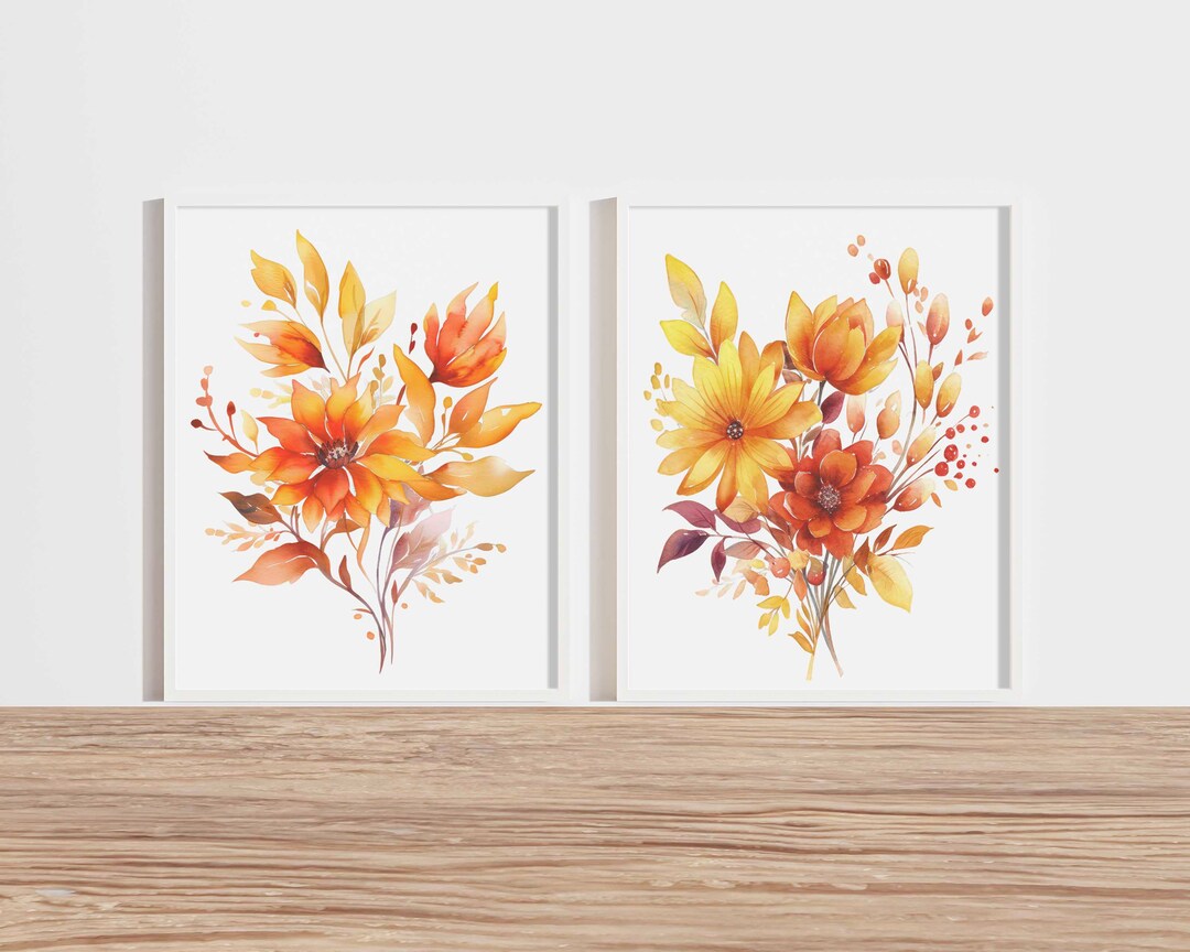 Fall Wildflower Print Floral Set of 2, Watercolor Wild Flower Wall Art ...