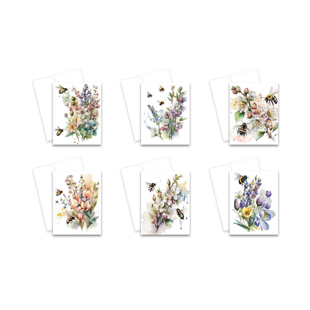 Wildflower & Bees Assorted Cards, Bumble Bee Cards, Set of Blank Note ...