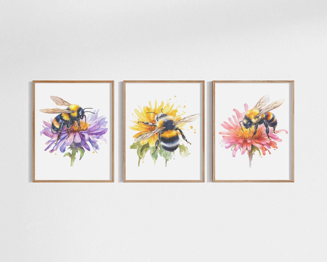 Honey Bee Print Set of 3, Floral Wall Art, Watercolor Botanical Print ...
