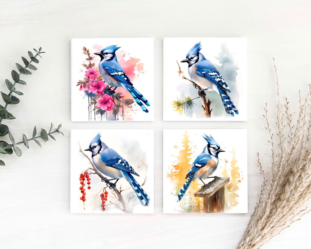 Blue Jay Coasters, Set of 4, Ceramic Tile Coaster, Drink Coaster, Patio ...