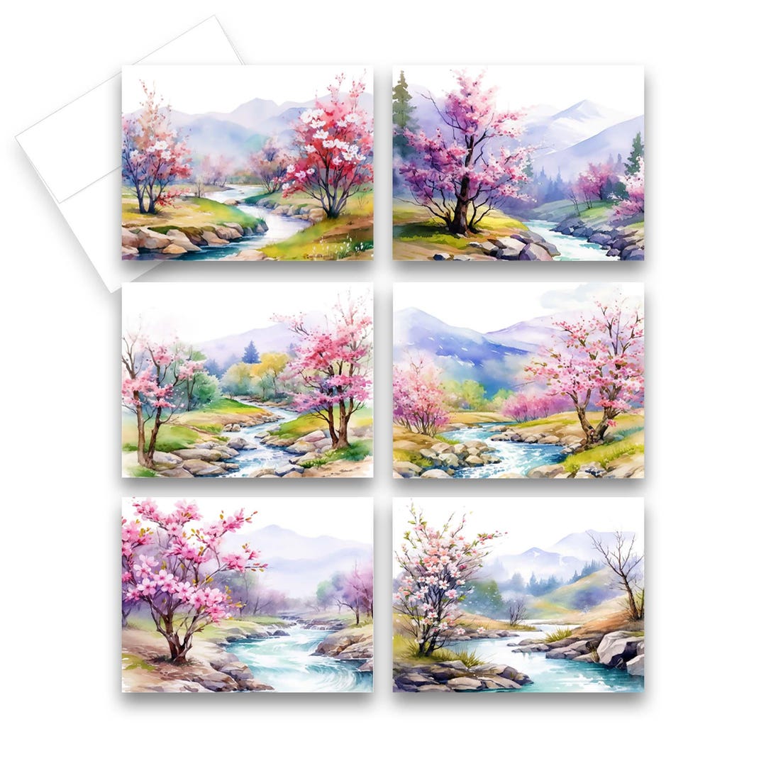 Greeting Card Set, Watercolor Mountain Spring River Cards, Assorted ...