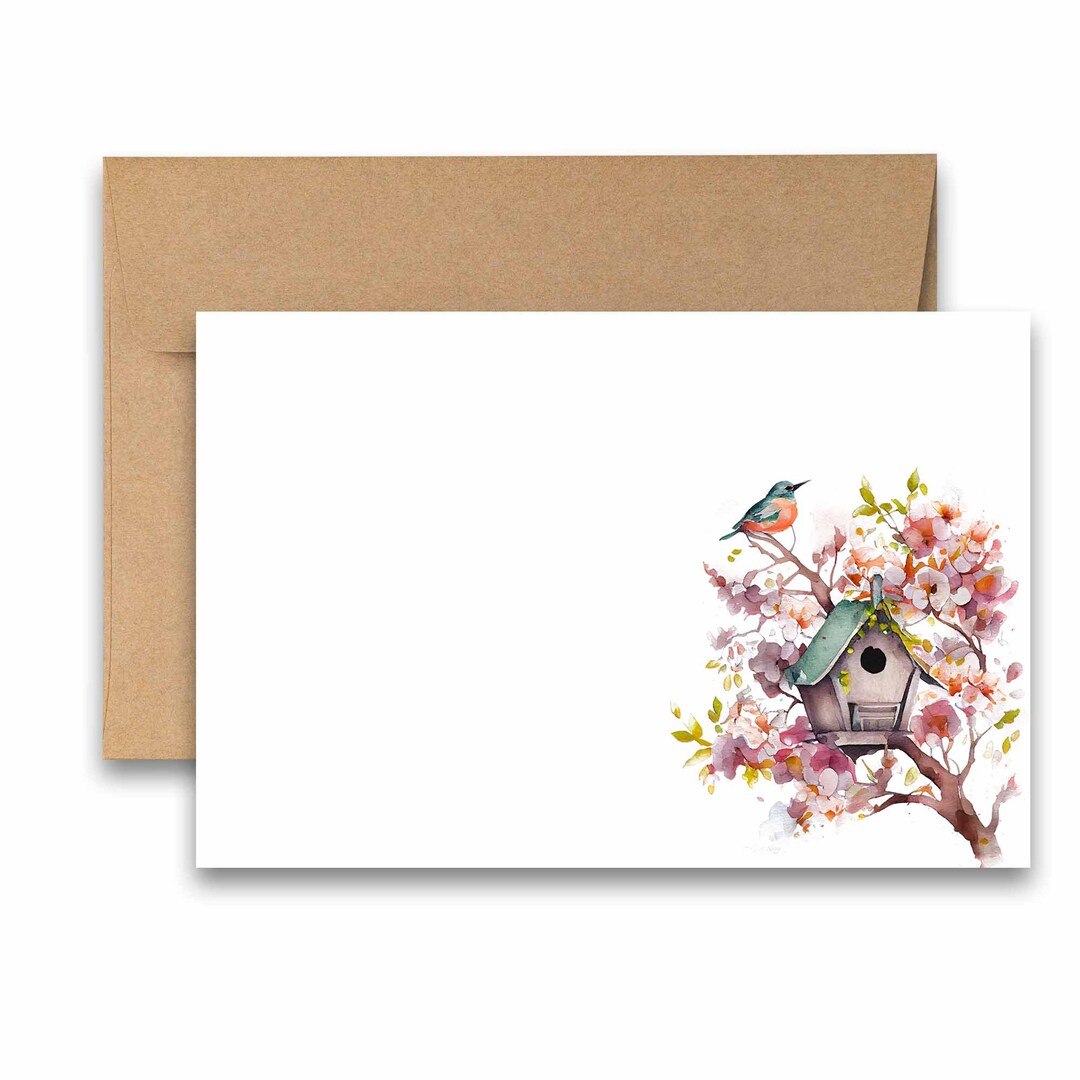 FLAT NOTECARDS, Set of 12 Watercolor Bird House Note Cards, Thinking of ...