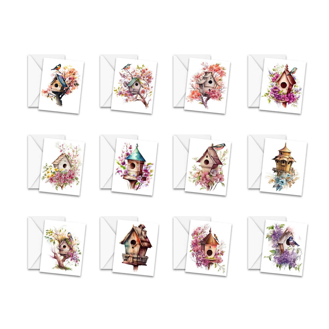 Note Card Set, Assorted Watercolor Birdhouse Greeting Card Set ...