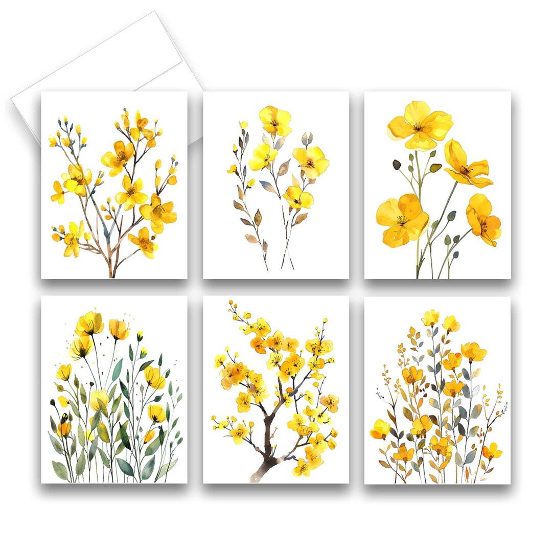 Yellow Spring Wildflower Cards, Notecard Assortment, Watercolor ...