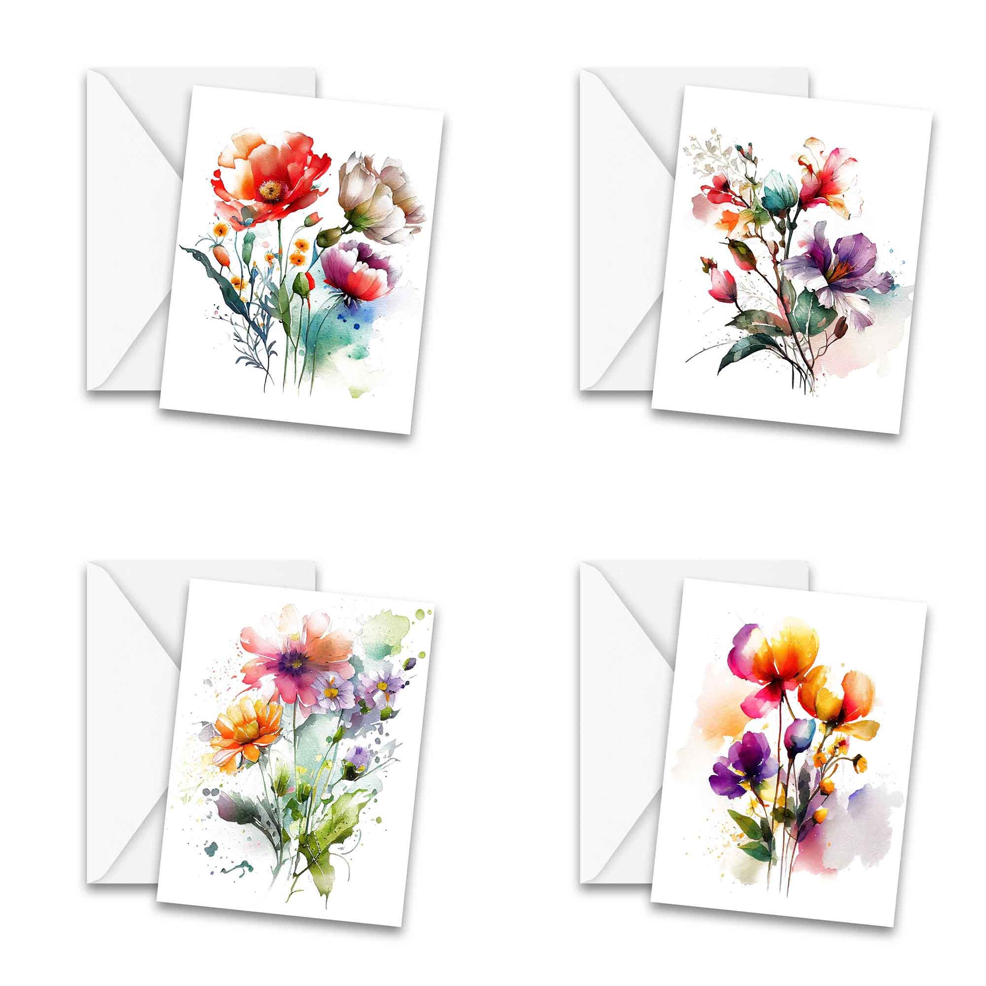 NOTECARDS, Assorted Watercolor Flowers Greeting Card Set, Stationery ...